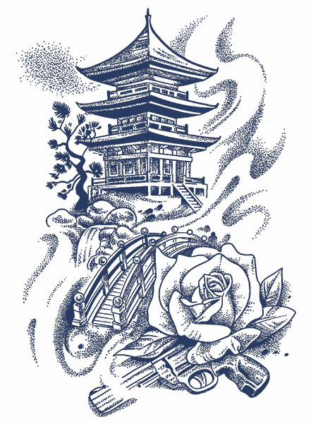 Japanese Temple Tattoo Stencil